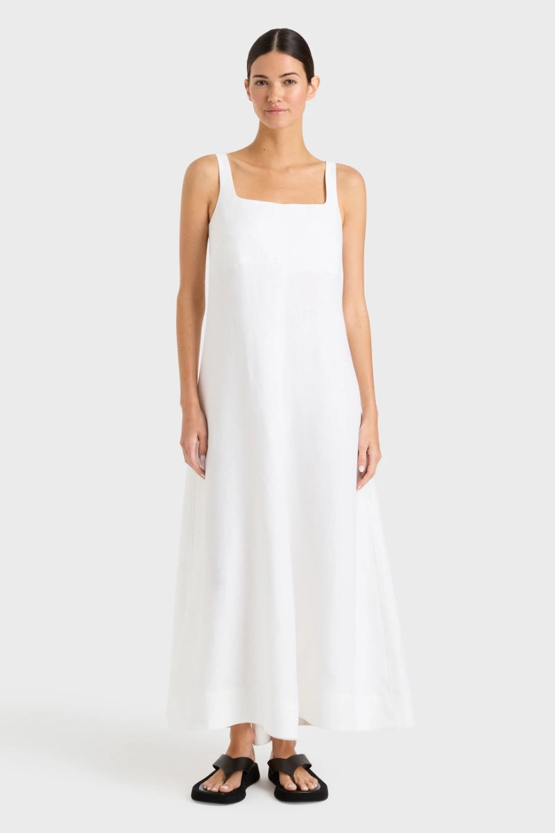 Bondi Born Dephi Organic Linen Flared Maxi Dress | White – Harry and Kit